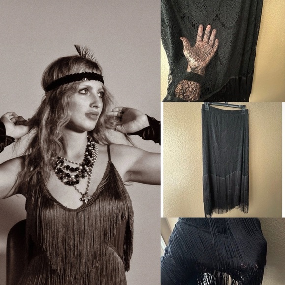 Vintage | Skirts | Vintage Midi Black Lace Overlay Fringe Gothic Fairy ...